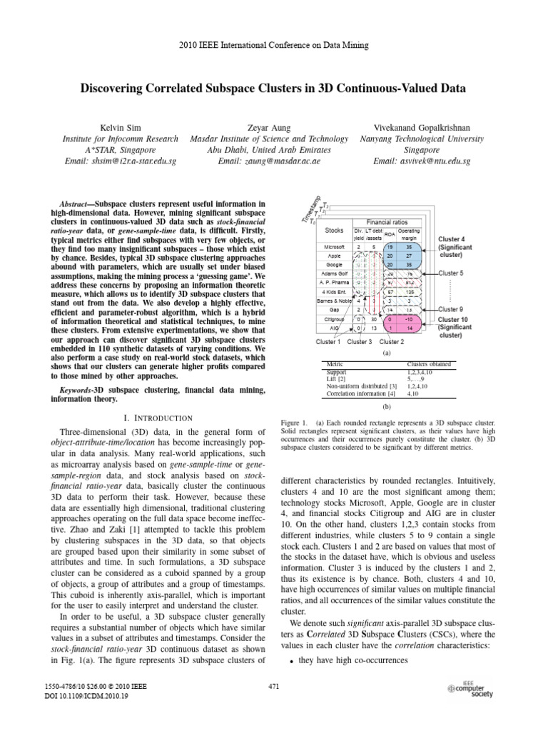 Discovering Correlated Subspace Clusters in 3D Continuous-Valued Data | PDF | Cluster Analysis ...