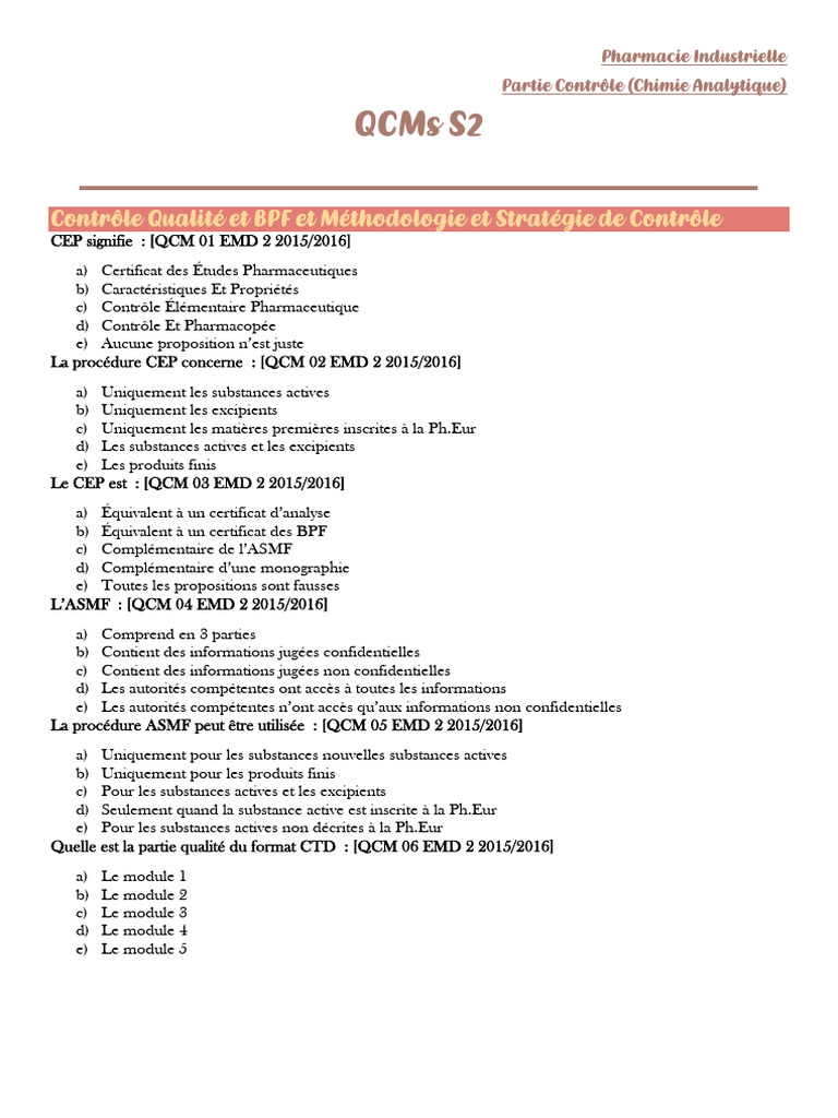 QCM Contrôle Qualité en Pharmacie | PDF | Calibrage | Métrologie