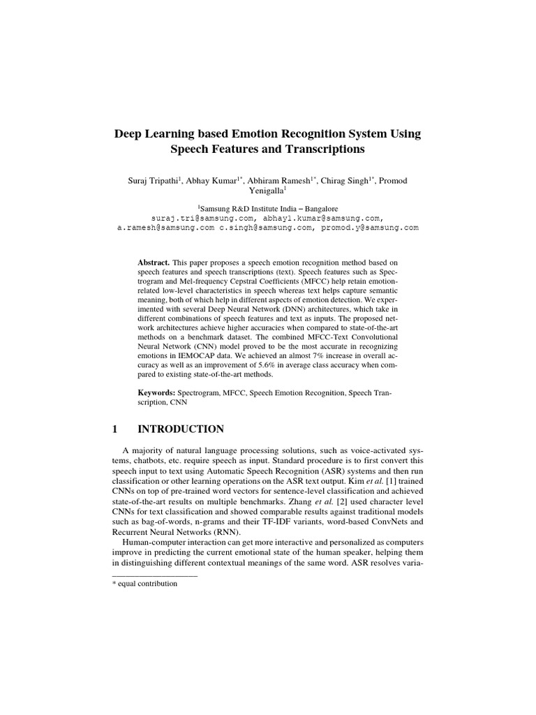Deep Learning Based Emotion Recognition System Using Speech Features and Transcriptions | PDF ...