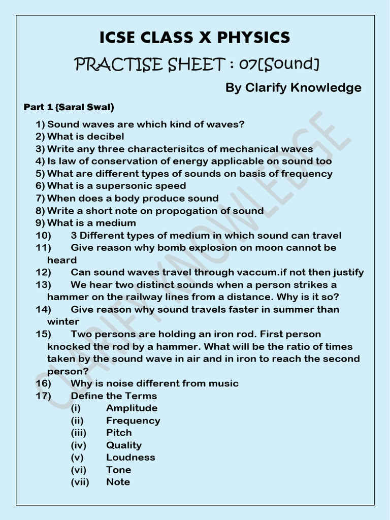 ICSE CLASS X PHYSICS PRACTISE SHEET 7sound | Download Free PDF | Sound ...
