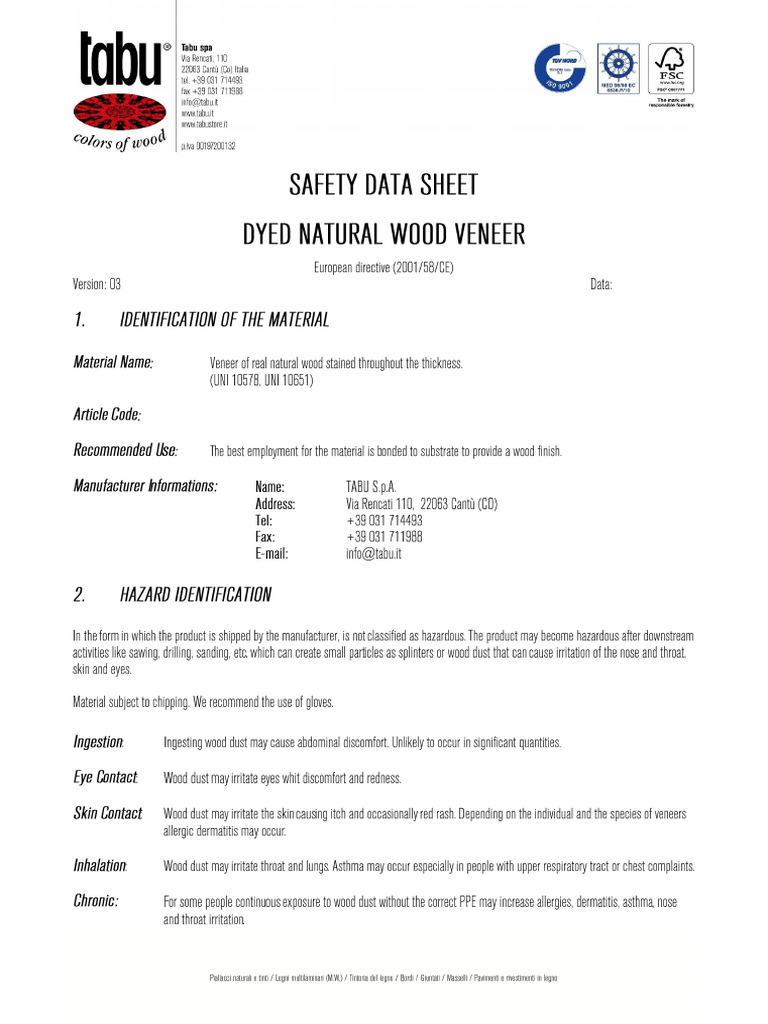 Safety Data Sheet - Dyed Wood Veneer | PDF