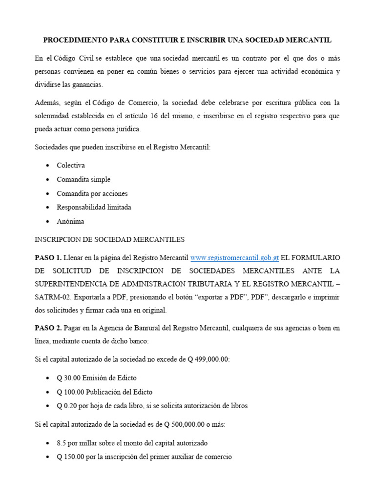 Procedimiento para Constituir e Inscribir Una Sociedad Mercantil | PDF | Sociedad de ...