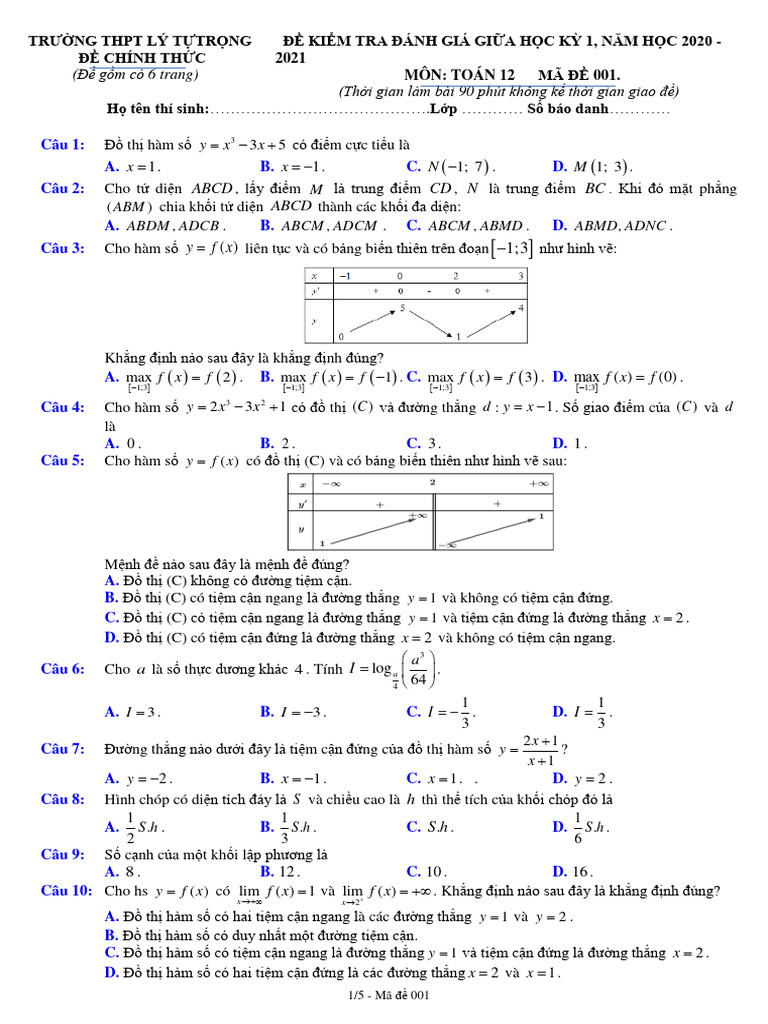 De Thi Giua Ki 1 Toan 12 Nam 2020 2021 Truong Ly Tu Trong Ha Tinh | PDF