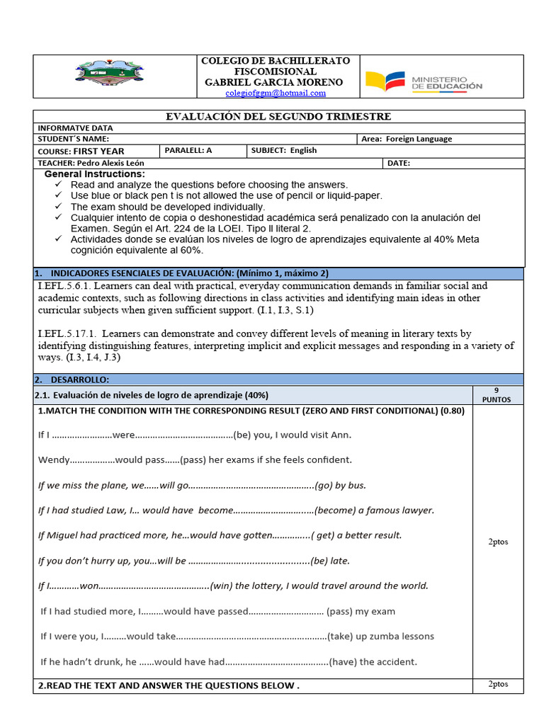 Evaluación Primero Ingles | PDF | Linguistics