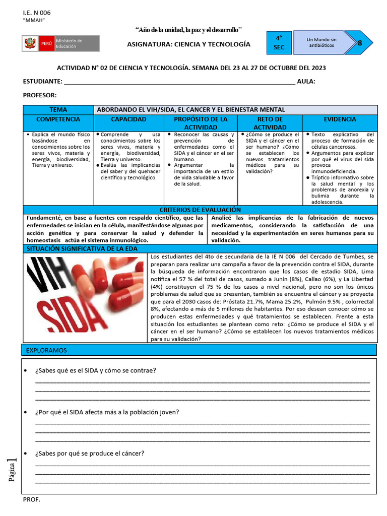 4° SEC. EDA 6 SEMANA 3 CYT Explica 2023 Abordando El VIH SIDA, El ...