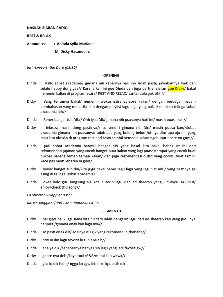 NASKAH SIARAN RADIO Rest and Relax | PDF