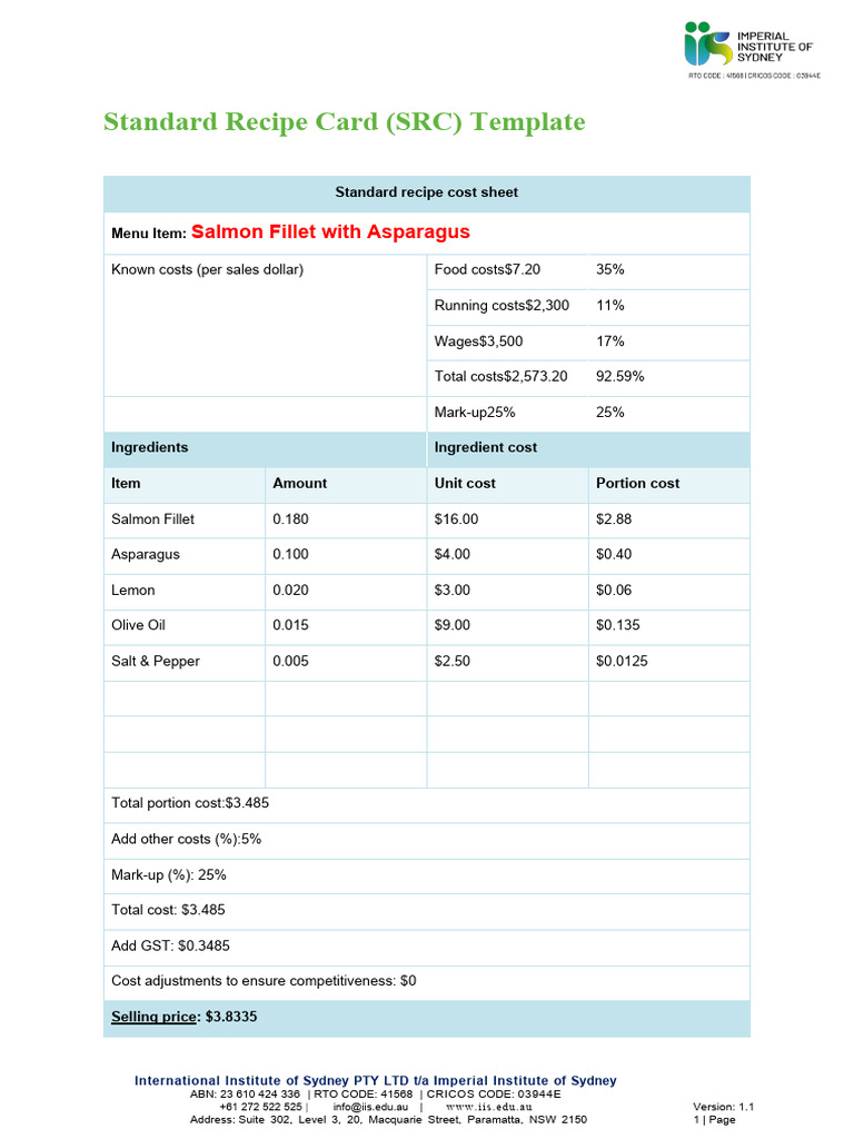 Standard Recipe Card Template Guide | PDF | Prices | Cost