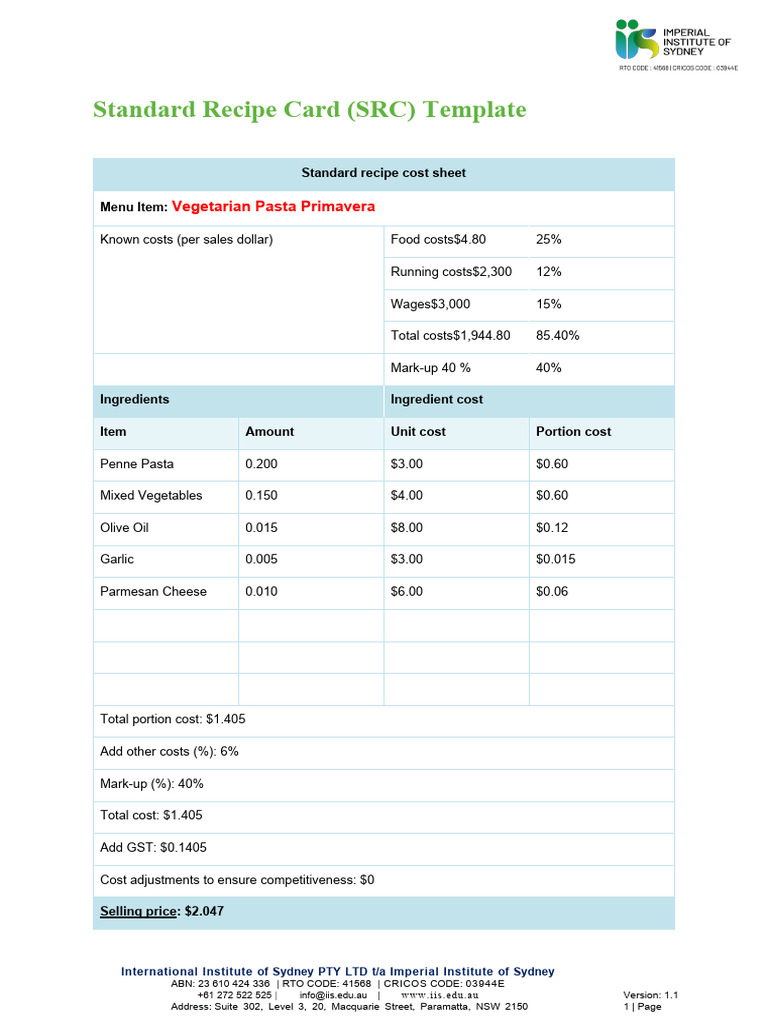 SITHKOP015 Standard Recipe Card (SRC) Template (3) 4 | PDF | Pasta ...