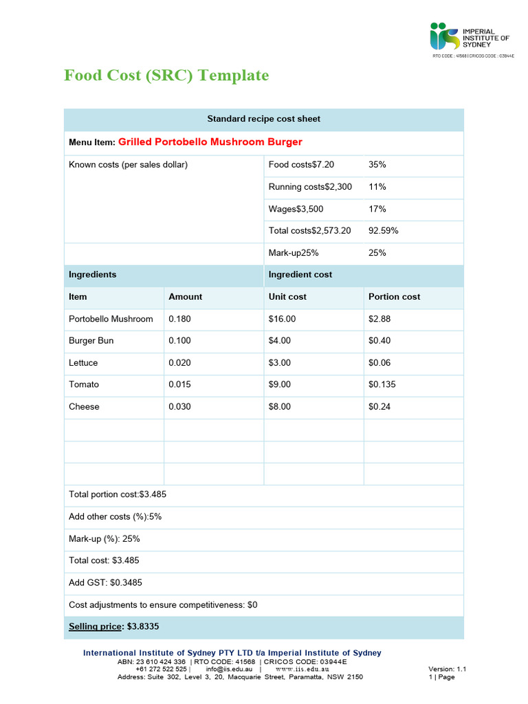 SITHKOP015 Food Cost (SRC) Template | PDF | Hamburgers | Cost