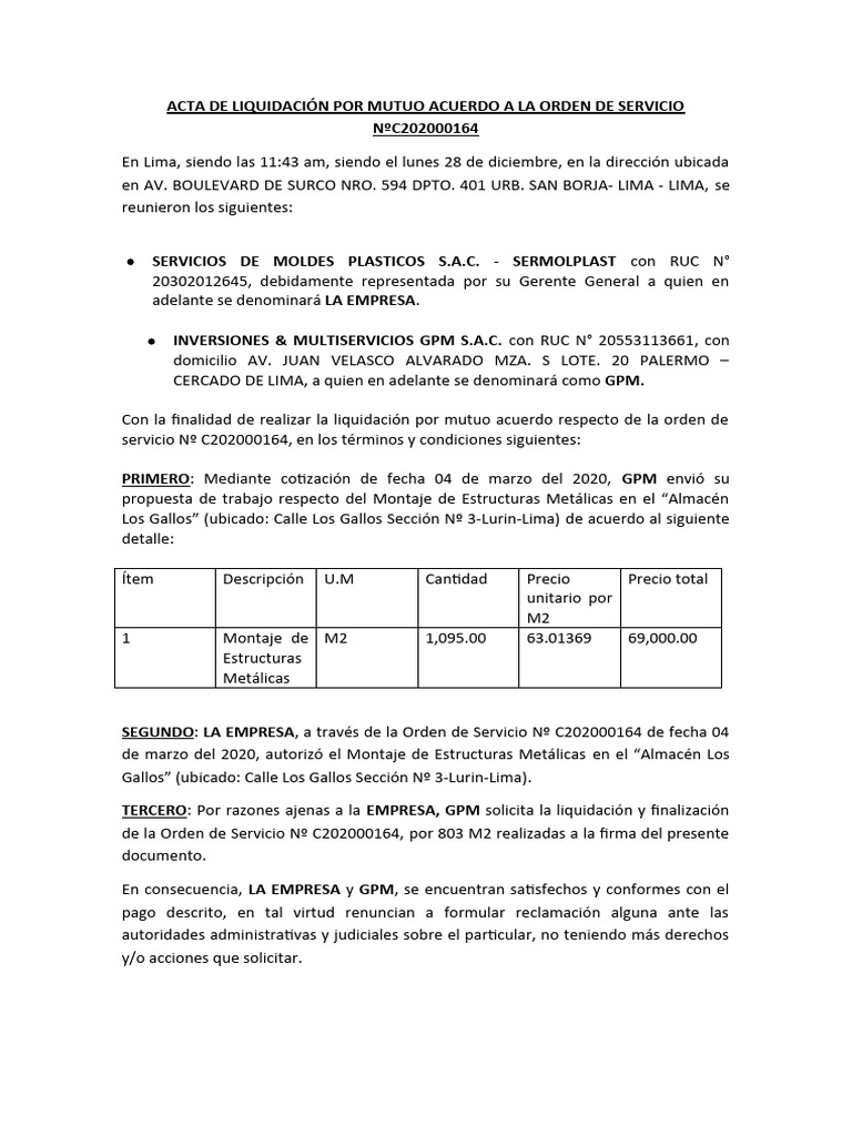 Acta de Liquidación Por Mutuo Acuerdo GPM | PDF