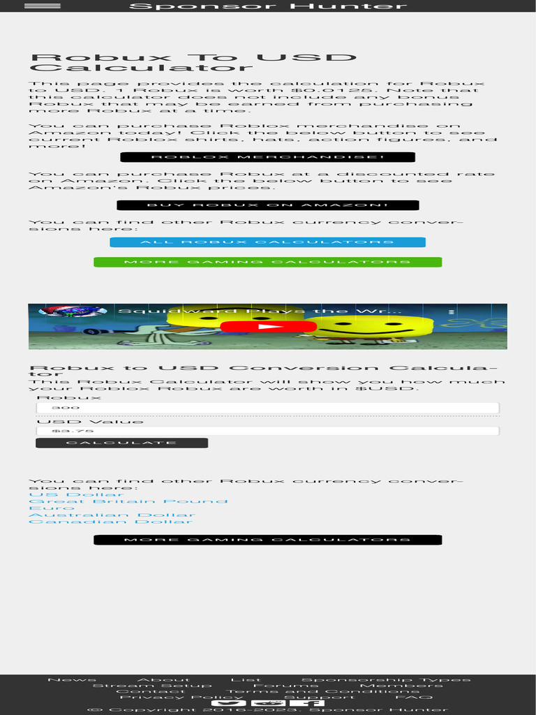 Robux To USD Calculator - Sponsor Hunter | PDF
