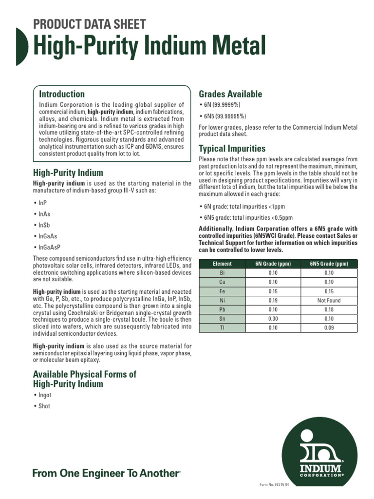 High-Purity Indium Metal Data Sheet | PDF | Metals | Chemical Elements