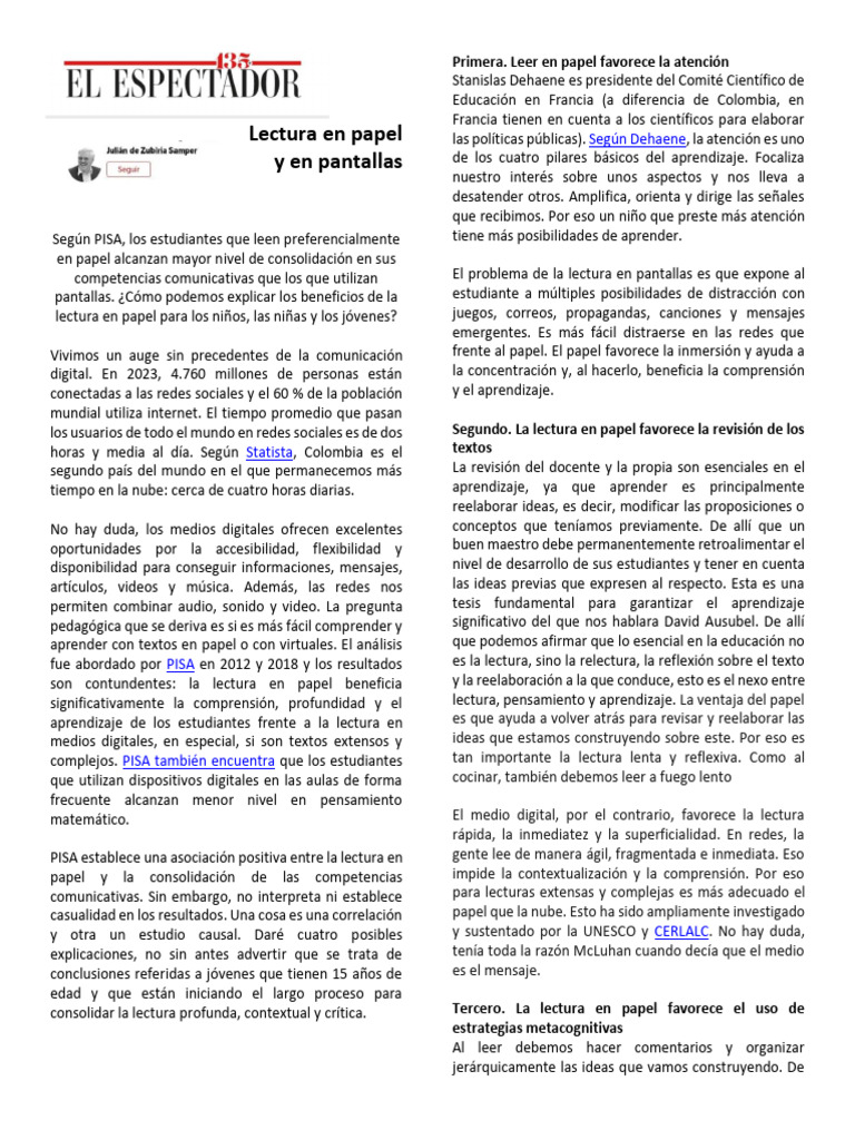Lectura en Papel y en Las Pantallas | PDF | Aprendizaje | Pensamiento