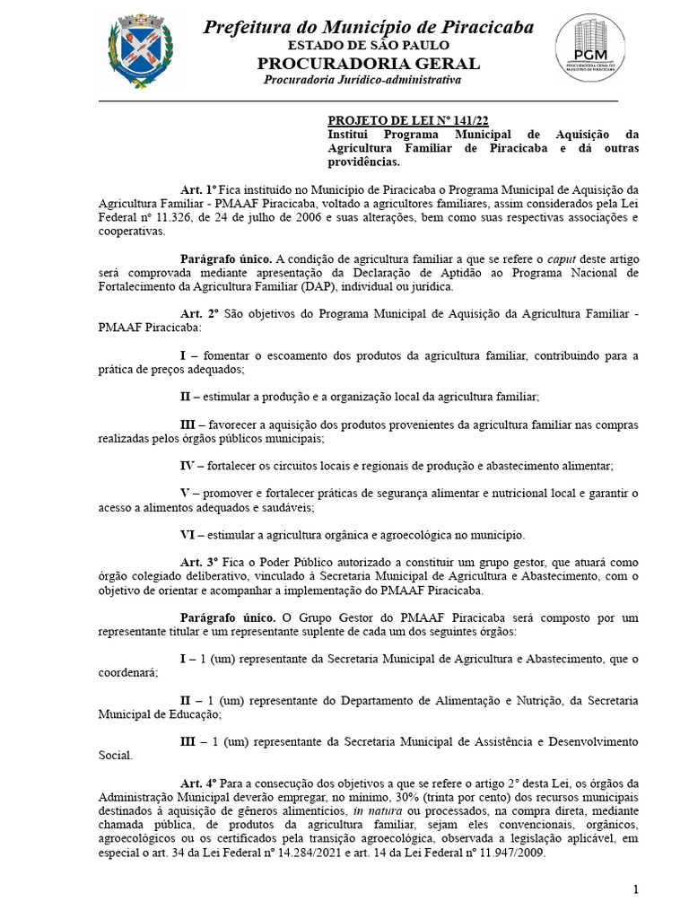 Projeto de Lei 141 - 2022 - Programa Municipal de Aquisicao Da Agricultura Familiar - SEMA | PDF ...