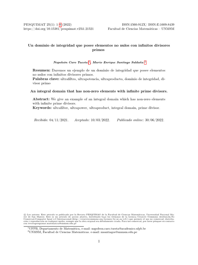 Un Dominio de Integridad Que Posee Elementos No Nulos Con Infinitos ...