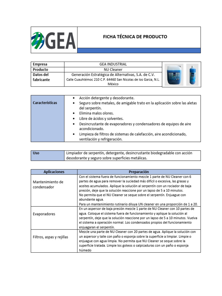 Ficha técnica de producto N CLEANER | PDF | Agua | Detergente