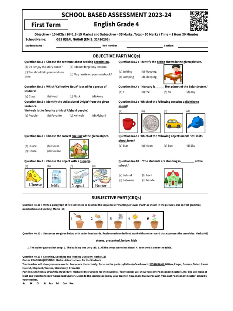 School Based Assessment 2023-24 First Term English Grade 4: Objective ...