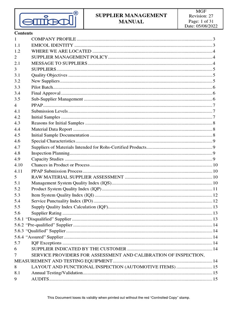 EMICOL - Supplier Quality Manual | PDF | Supply Chain | Iso 9000