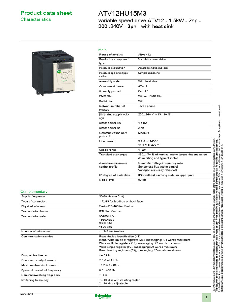 ATV12HU15M3 Variable Speed Drive Data | PDF | Electric Motor | Bit