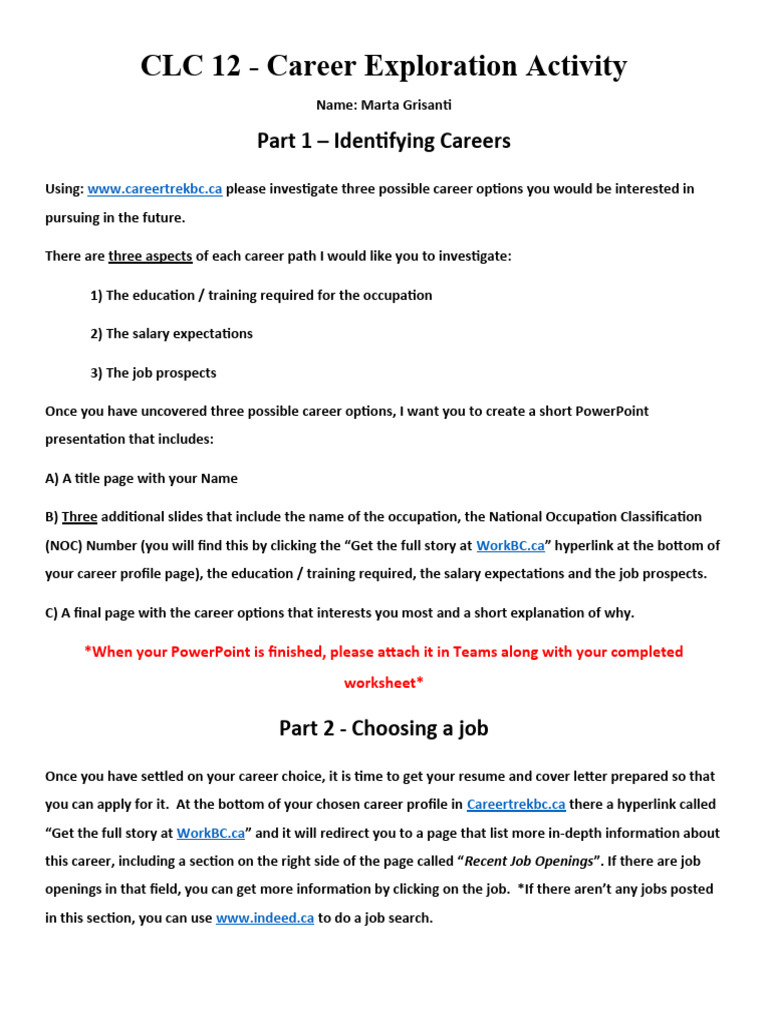 CLC 12 - Career Exploration Activity | PDF | Project Management ...