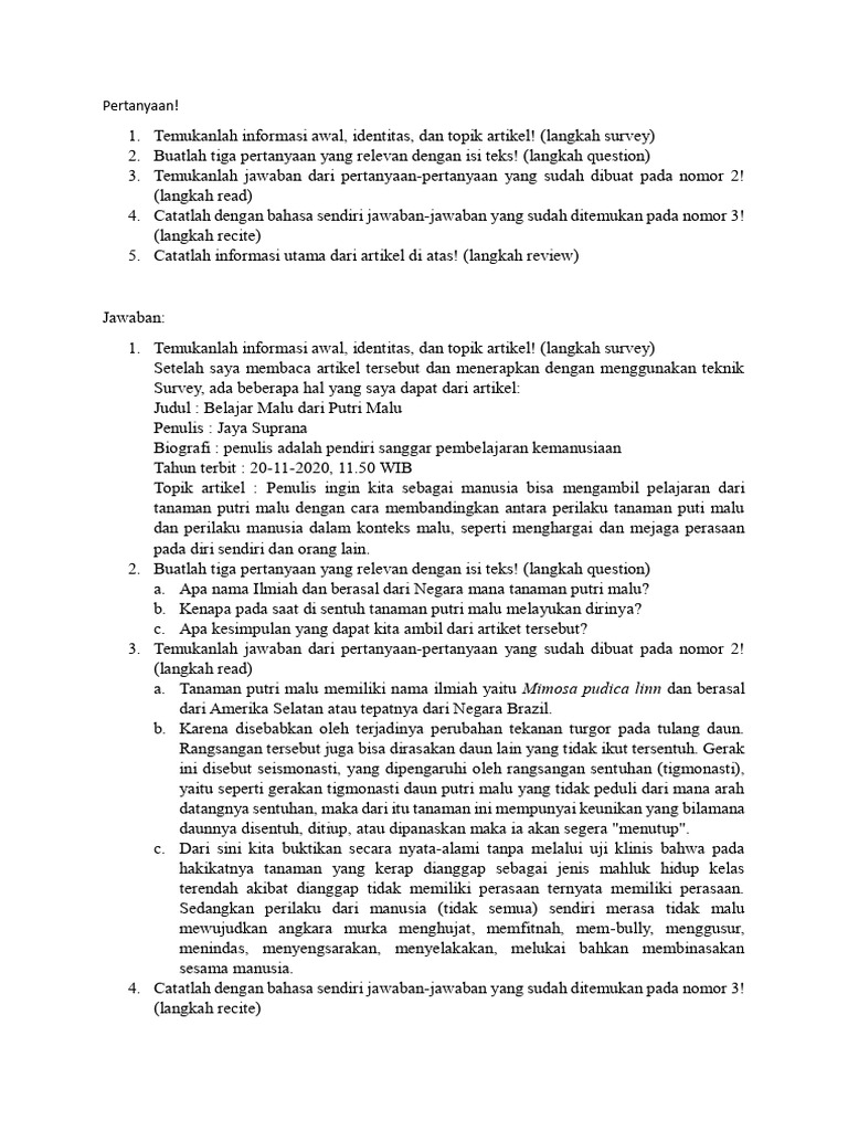 Tigmonasti pada Tanaman Putri Malu | PDF