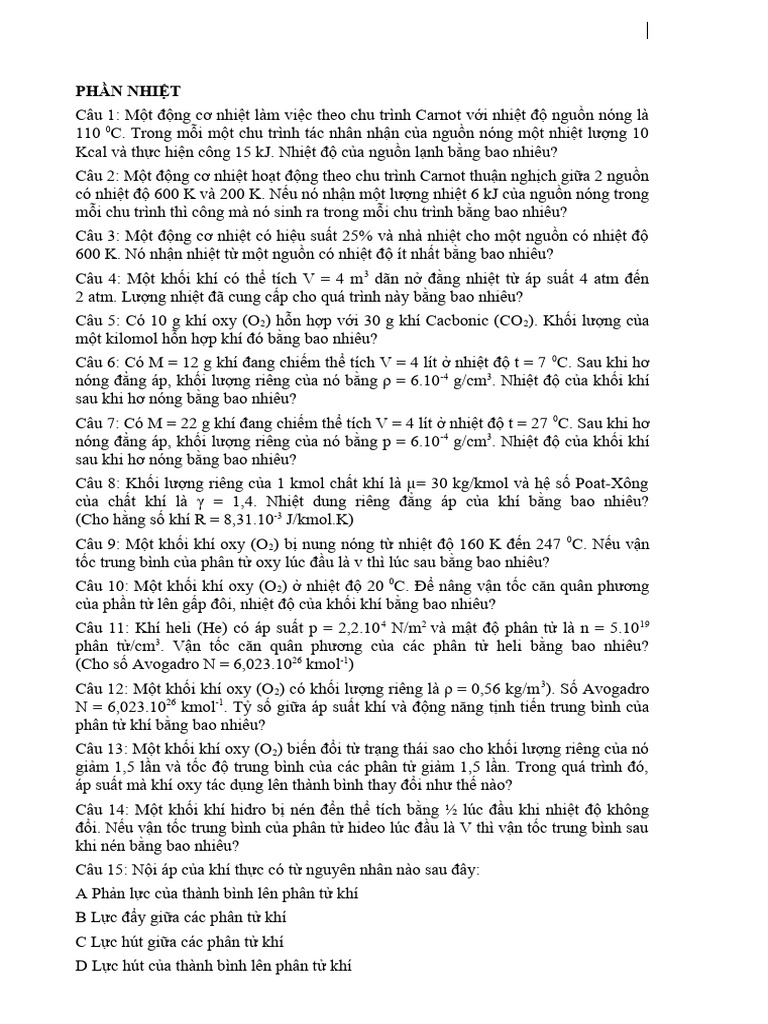 VL1 - PH1110Q - Bài tập nhiệt | PDF