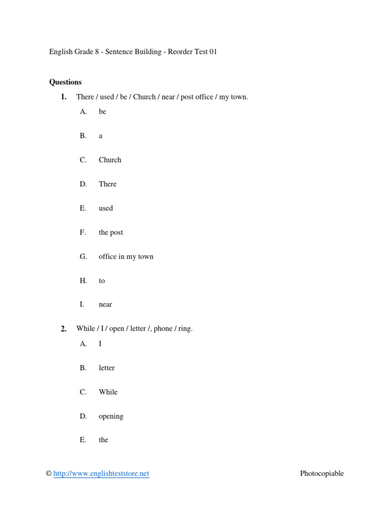 English Grade 8 - Sentence Building - Reorder Test 01 | PDF