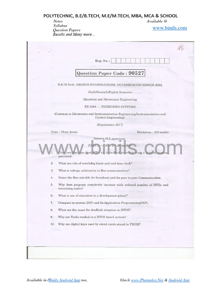 EE 8691 Embedded Systems Previous Year Question Paper | PDF