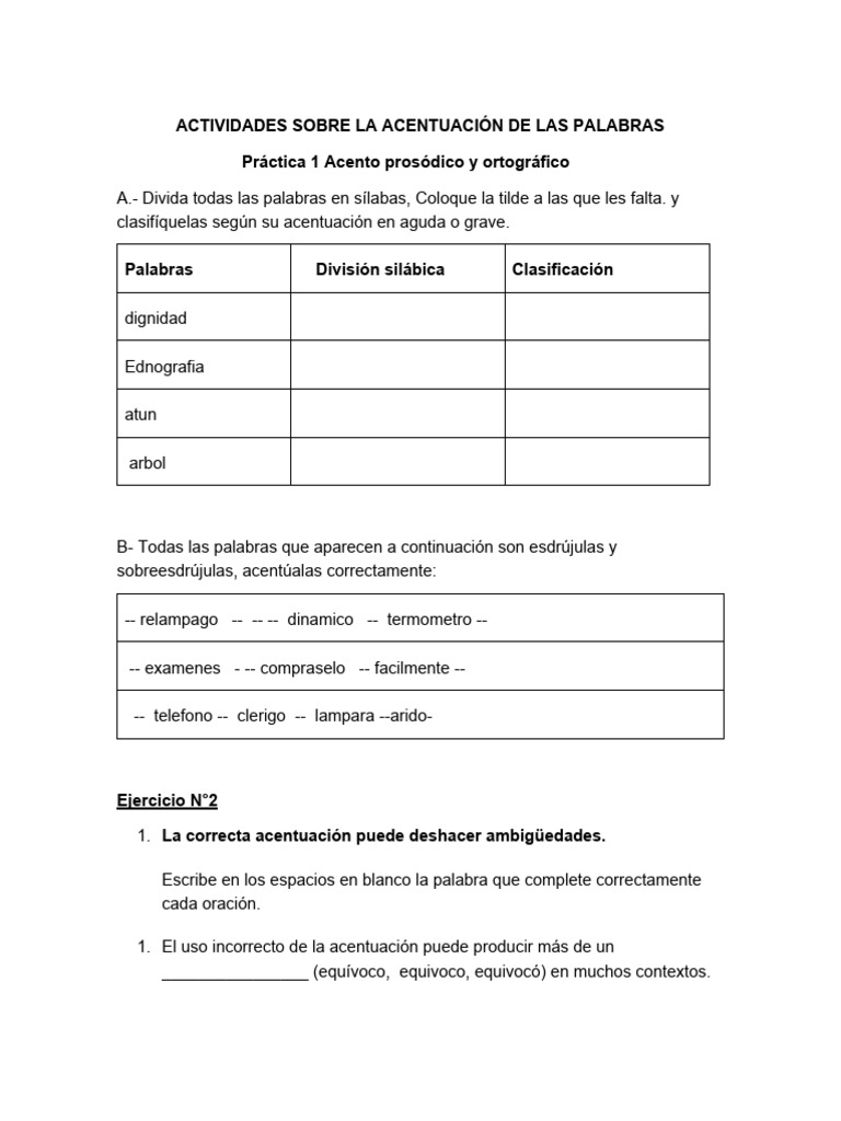 Actividades Sobre La Acentuación de Las Palabras y Acento Diacrítico | PDF