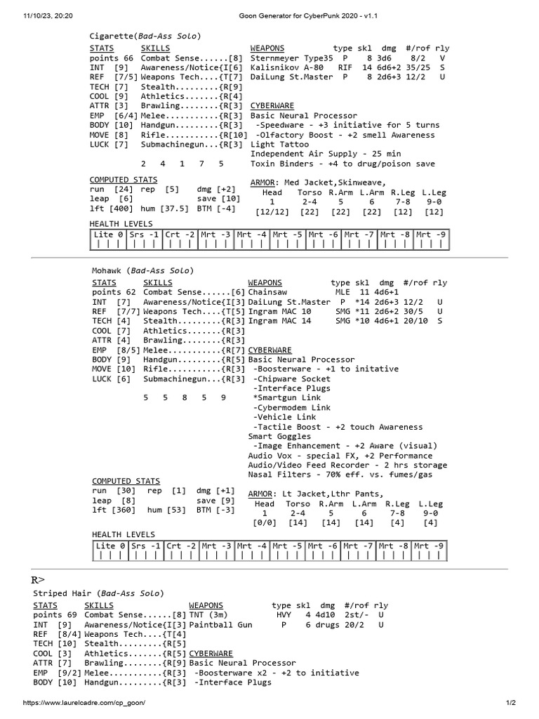 Cyberpunk 2020 Goon Character Generator | PDF | Projectile Weapons ...