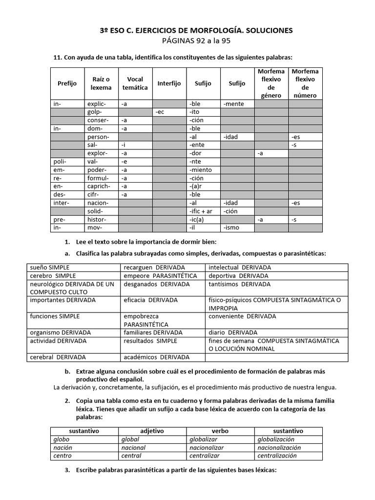 3 Eso. Soluciones Ejercicios Morfolog - A | PDF | Tipología Lingüística | Relaciones sintácticas