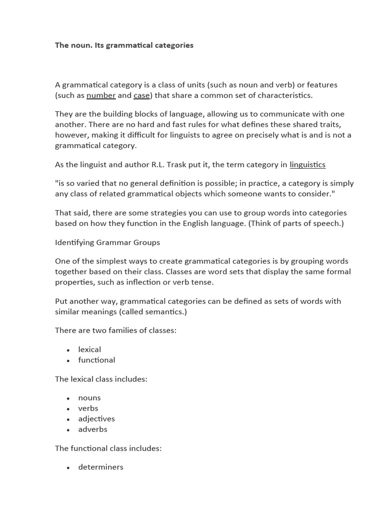 The Noun Its Grammatical Categories | PDF | Part Of Speech | Noun