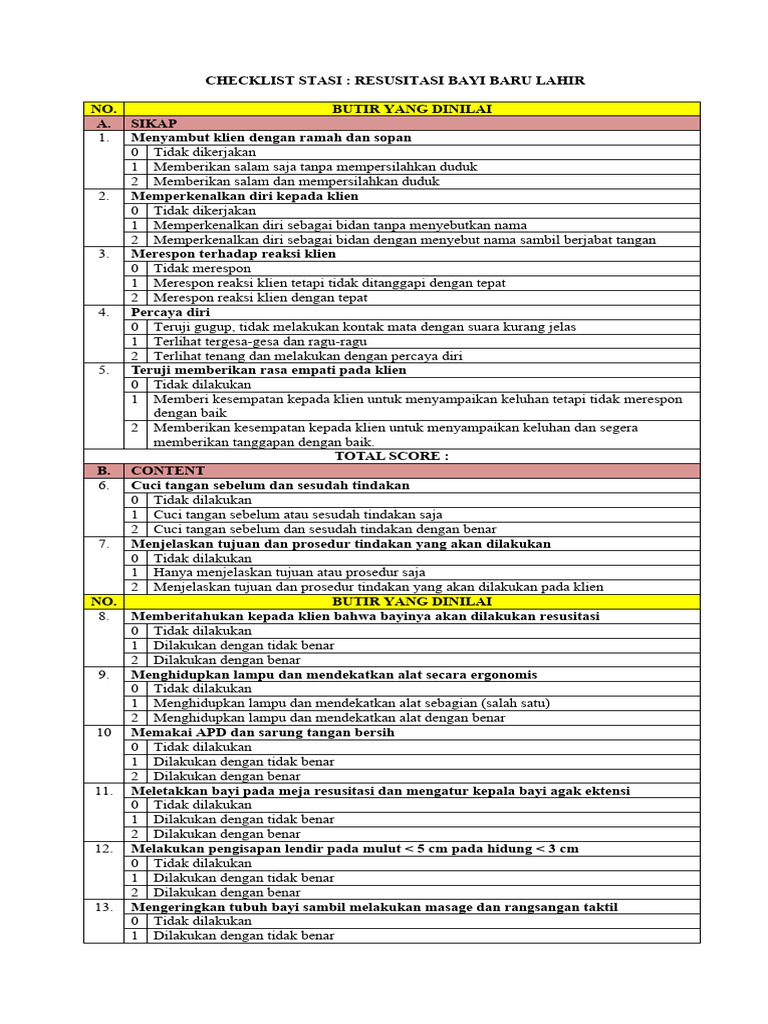 Checklist Resusitasi BBL | PDF