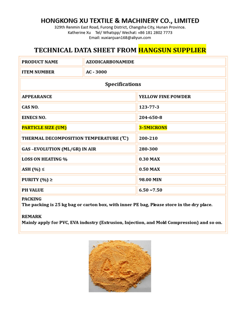 Azodicarbonamide Technical Data Sheet | PDF