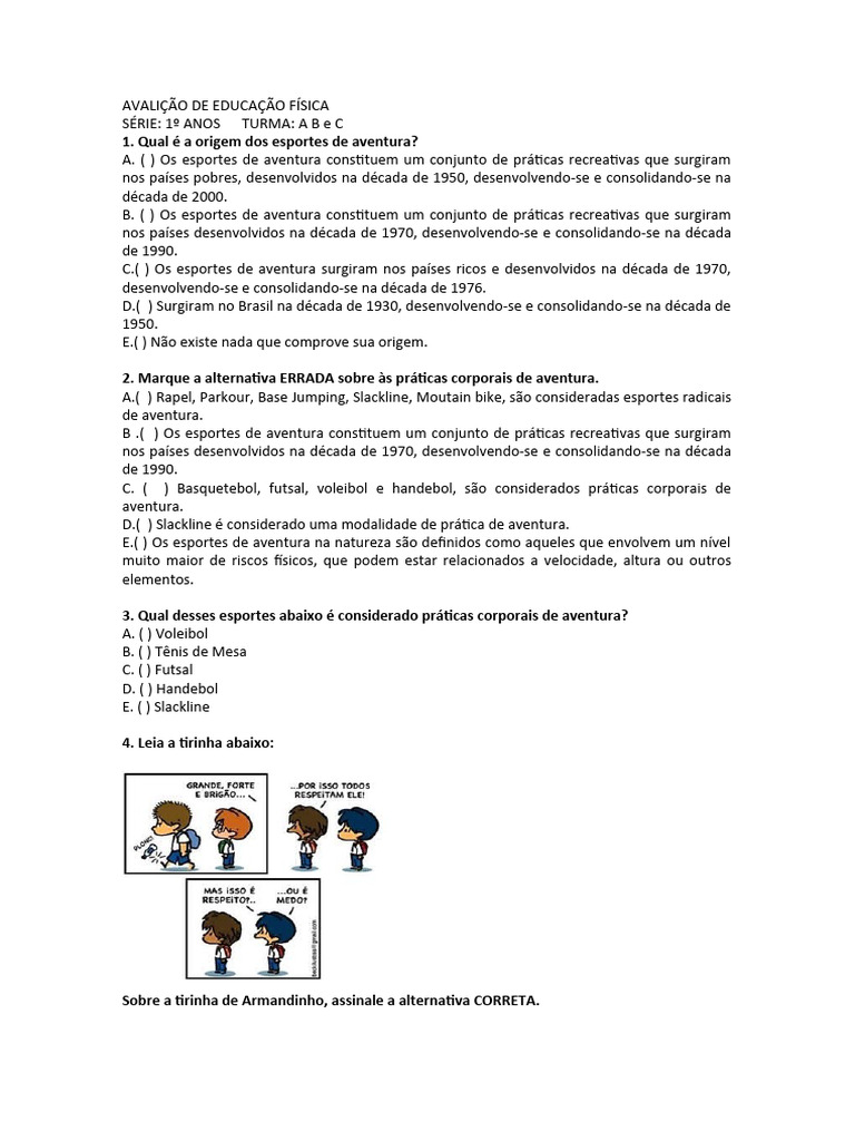 Avalição de Educação Física 1anos 2ºchamada | PDF | Assédio moral/bullying