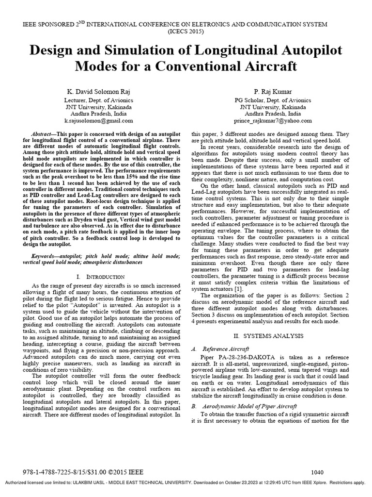 Design and Simulation of Longitudinal Autopilot Modes For A Conventional Aircraft | PDF ...