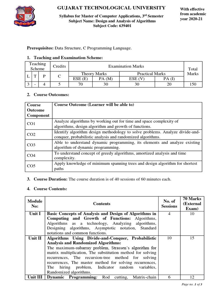 Gujarat Technological University: 1. Teaching and Examination Scheme | PDF | Algorithms ...