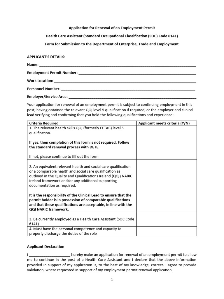 Employment Permit Renewal for Health Care Assistant | PDF | Employment ...