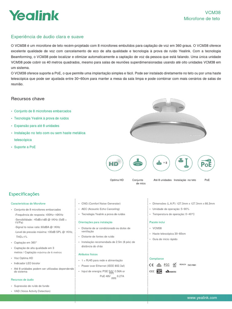Yealink VCM38 Ceiling Microphone Array Datasheet Traduzido | PDF