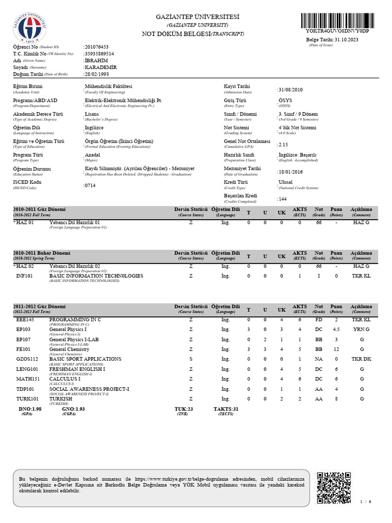 Yuksekogretim Kurulu Transkript Belgesi Sorgulama | PDF