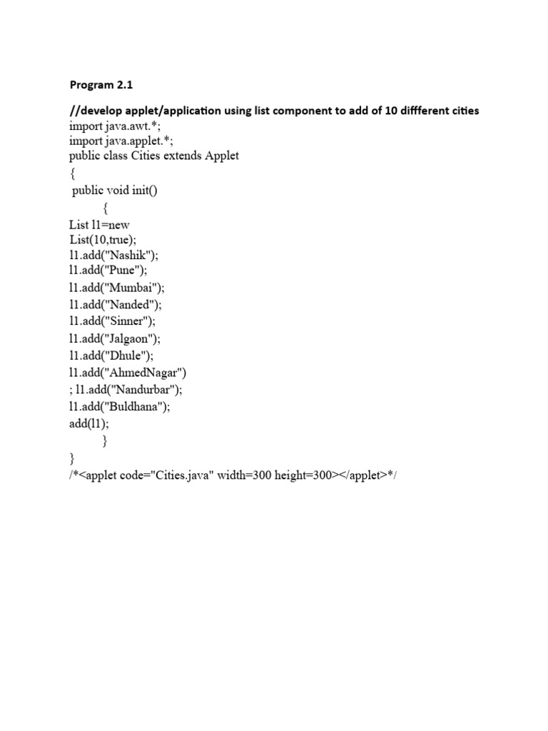 Program 2.1 //develop Applet/application Using List Component To Add of 10 Diffferent Cities | PDF
