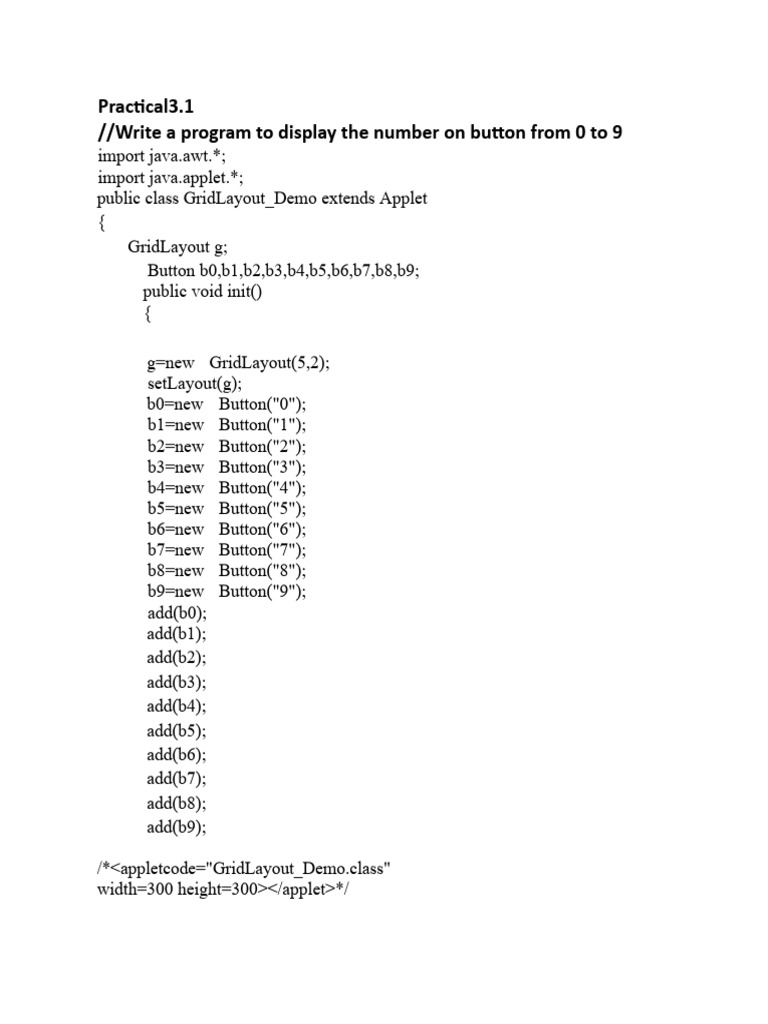 Practical3.1 //write A Program To Display The Number On Button From 0 To 9 | PDF