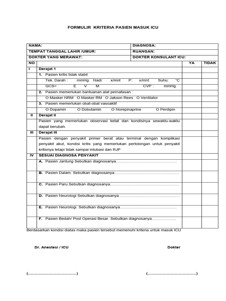 FORMULIR KRITERIA PASIEN MASUK Dan KELUAR ICU | PDF