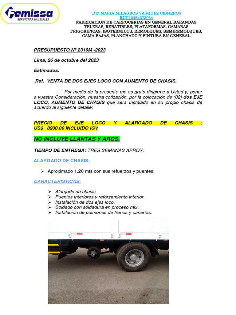 Alargado de Chasis y Puesta de Dos Eje Loco 26-10-2023 | PDF Alargado de Chasis y Puesta de Dos Eje Loco 26-10-2023 | PDF