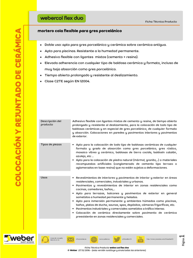Adhesivo Flexible Weber.col Flex Duo | PDF | Loseta | Hormigón