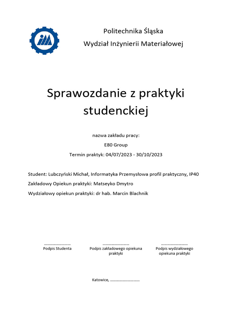 Sprawozdanie Z Praktyk FINAL | PDF Sprawozdanie Z Praktyk FINAL | PDF