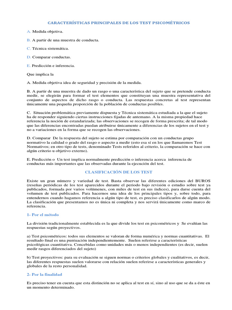 TEST PSICOMÉTRICOS - Características - Clasificación. | PDF | Sicología ...