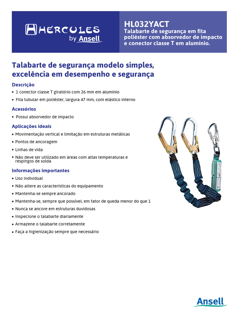 Ficha Técnica Talabarte Hercules Modelo HL032YACT | PDF