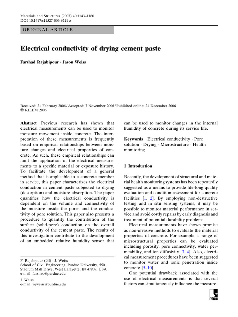 Electrical Conductivity of Drying Cement Paste | PDF | Porosity ...