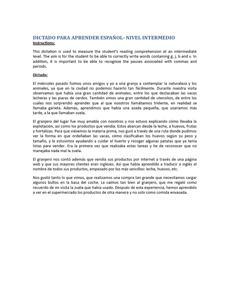 Dictado para Aprender Español | PDF